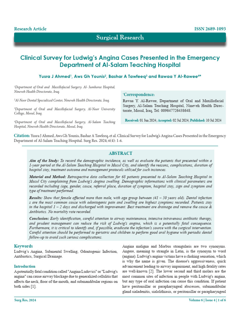Ludwig's Angina Cases in Emergency Dept. | PDF | Medical Specialties ...