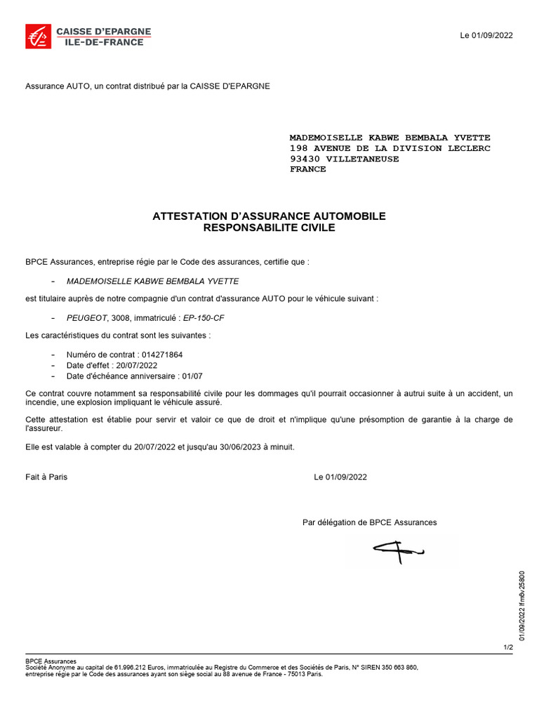 Attestation d'Assurance Automobile | PDF | Assurance | Services financiers