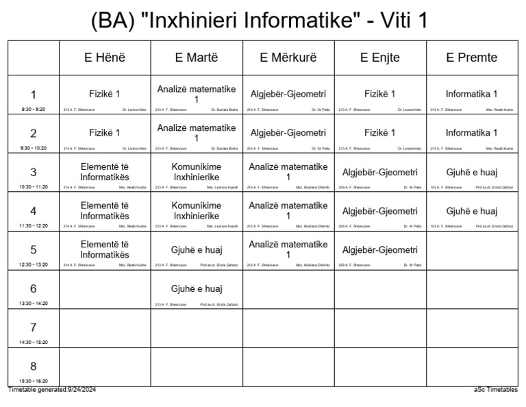 ORARI (BA) Inxhinieri Informatike (Sem I, 2024-2025) | PDF