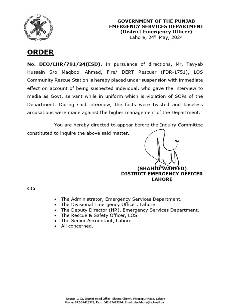 Suspension Order of Mr. Tayyab (FDR) | PDF