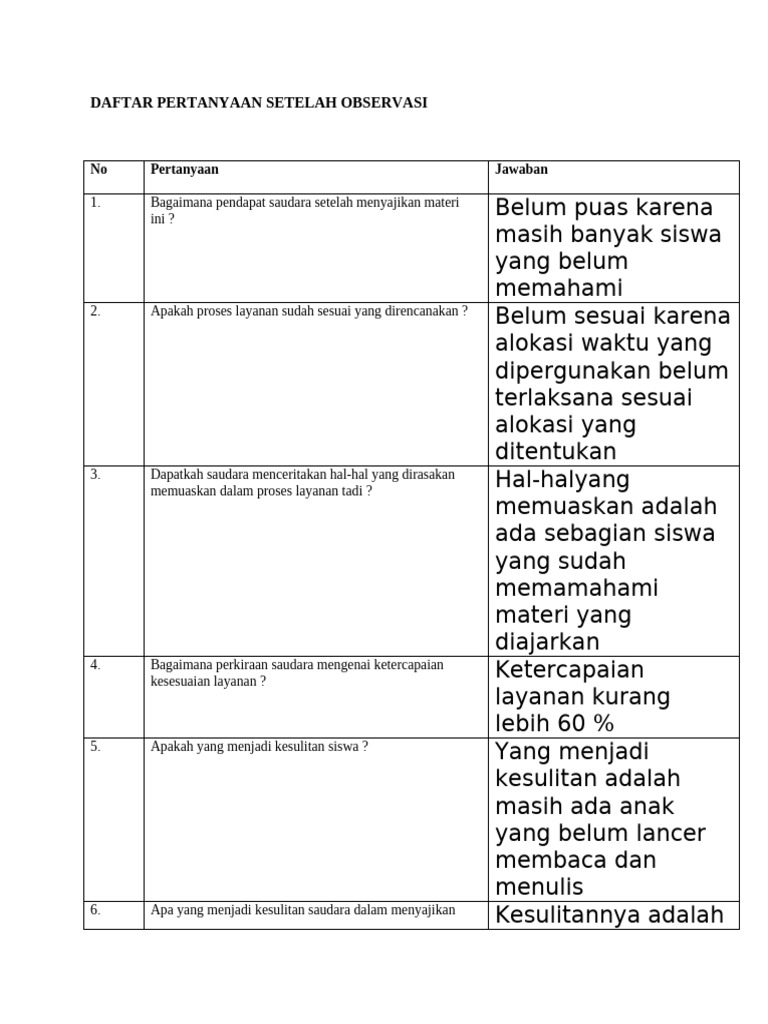 Daftar Pertanyaan Setelah Observasi | PDF
