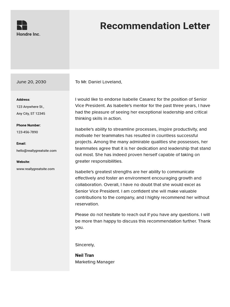 Letter of Recommendation Professional Doc in Grey Bare Minimal Style | PDF
