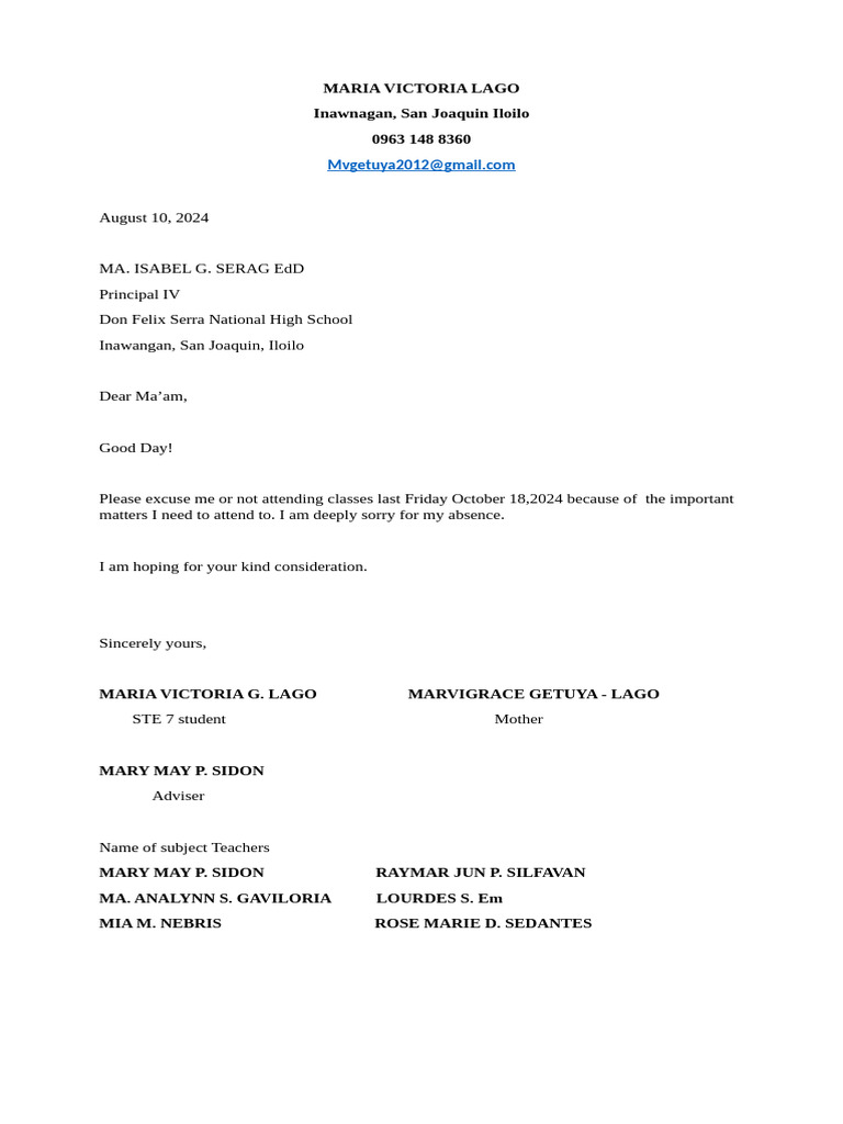Absence Excuse Letter for Student | PDF