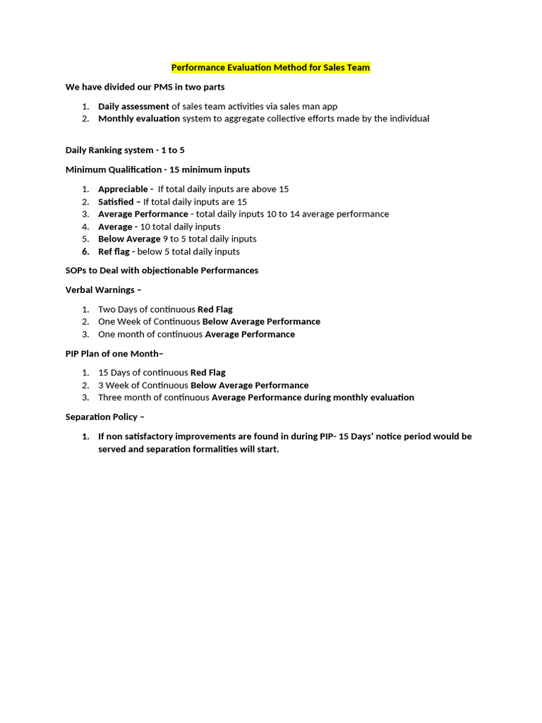 Performance Evaluation Method For Sales Team | PDF