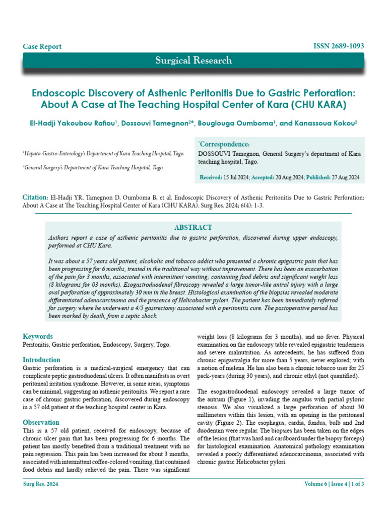 Endoscopic Discovery of Asthenic Peritonitis Due To Gastric Perforation ...