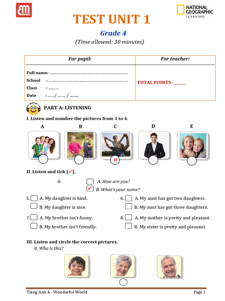 Grade 4 Listening Test Unit 1 | PDF