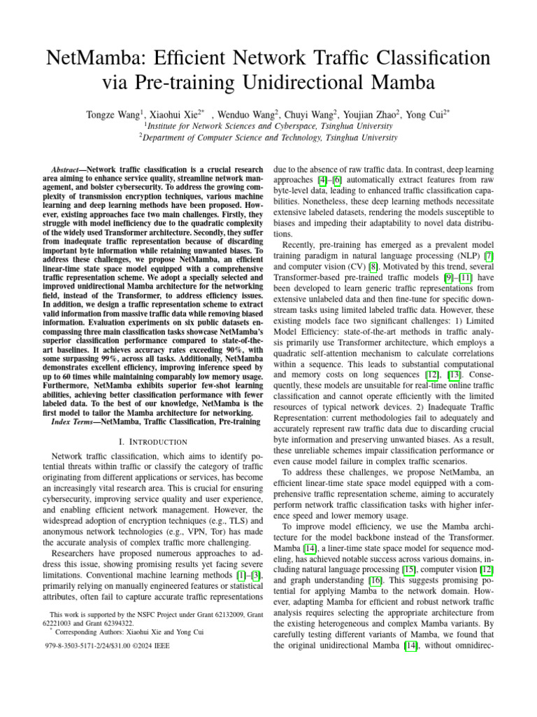 Netmamba: Efficient Network Traffic Classification Via Pre-Training Unidirectional Mamba | PDF ...