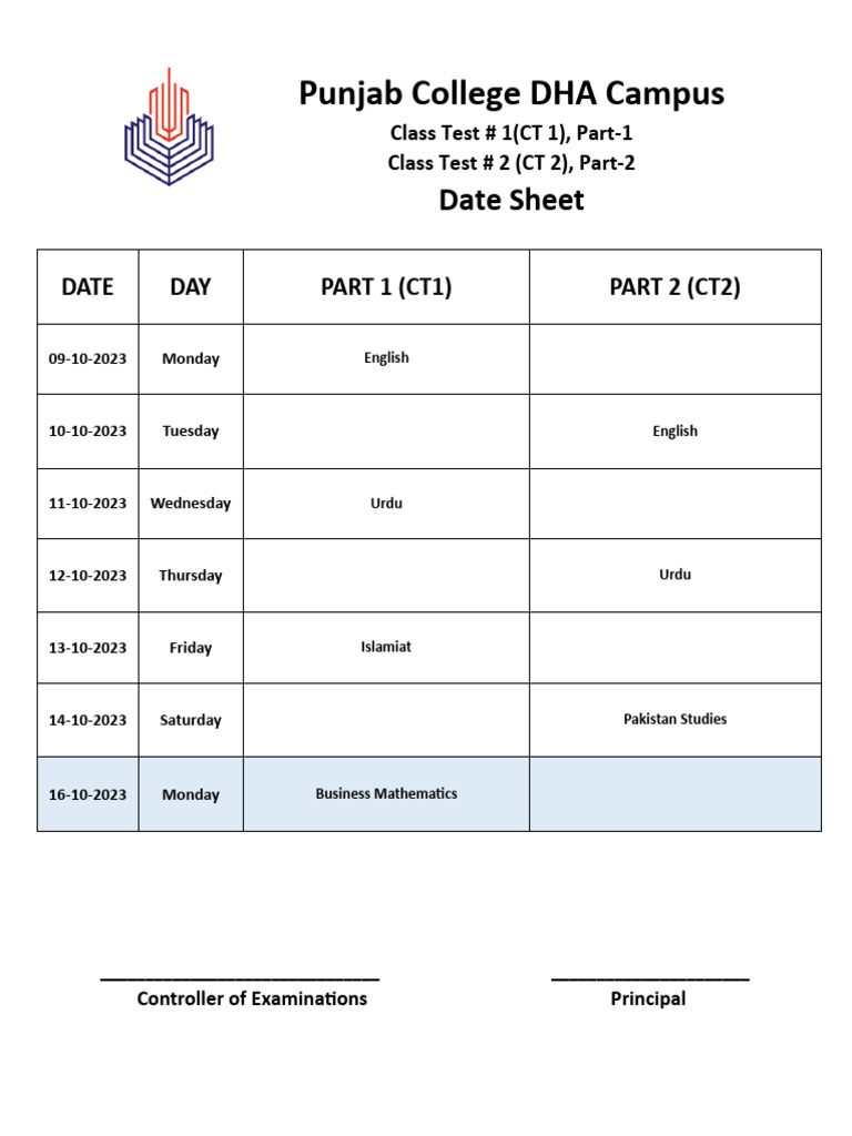 Ct1,2 Date Sheet October | PDF