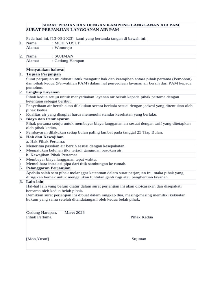 2.surat Perjanjian Dengan Kampung Langganan Air PAM | PDF