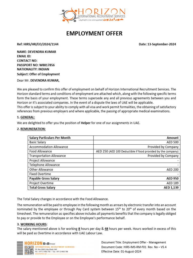 Employment Offer for Helper Position | PDF | Salary | Employment