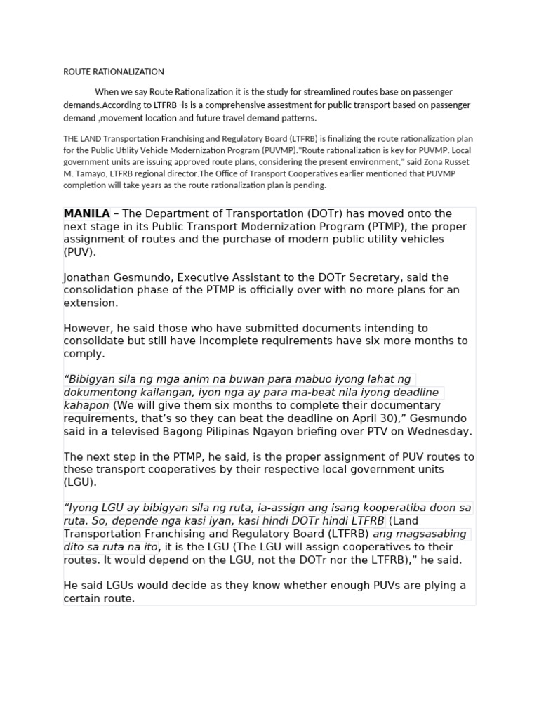 ROUTE RATIONALIZATION | PDF | Public Administration | Transport