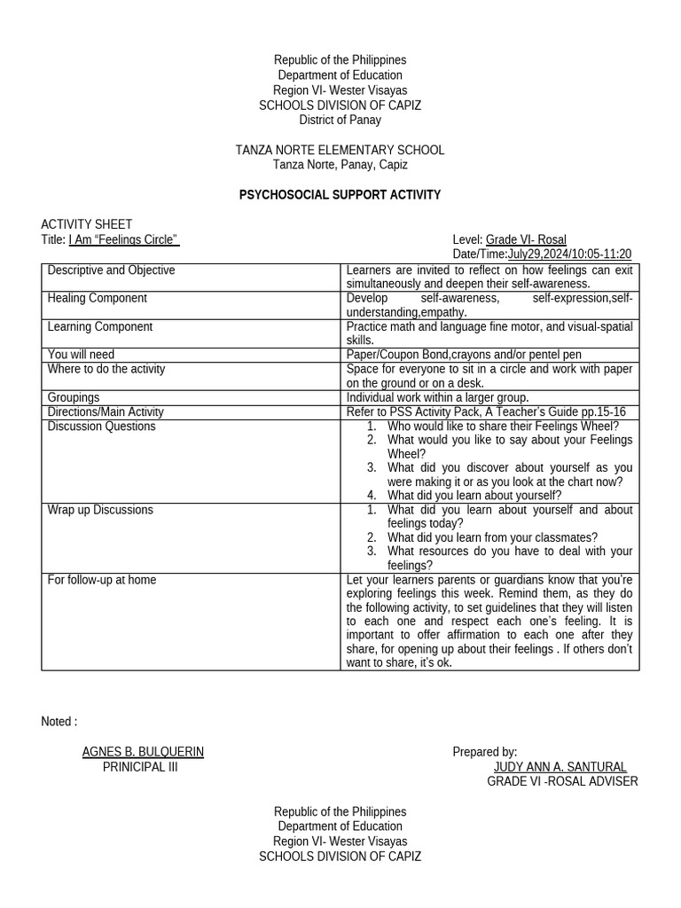 Grade VI Emotional Awareness Activities | PDF | Learning | Teachers