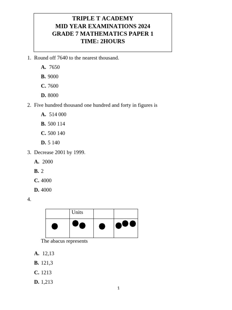 Takura Triple T Academy Grade 7 Mid Year 2024 Maths Paper 1 | PDF ...