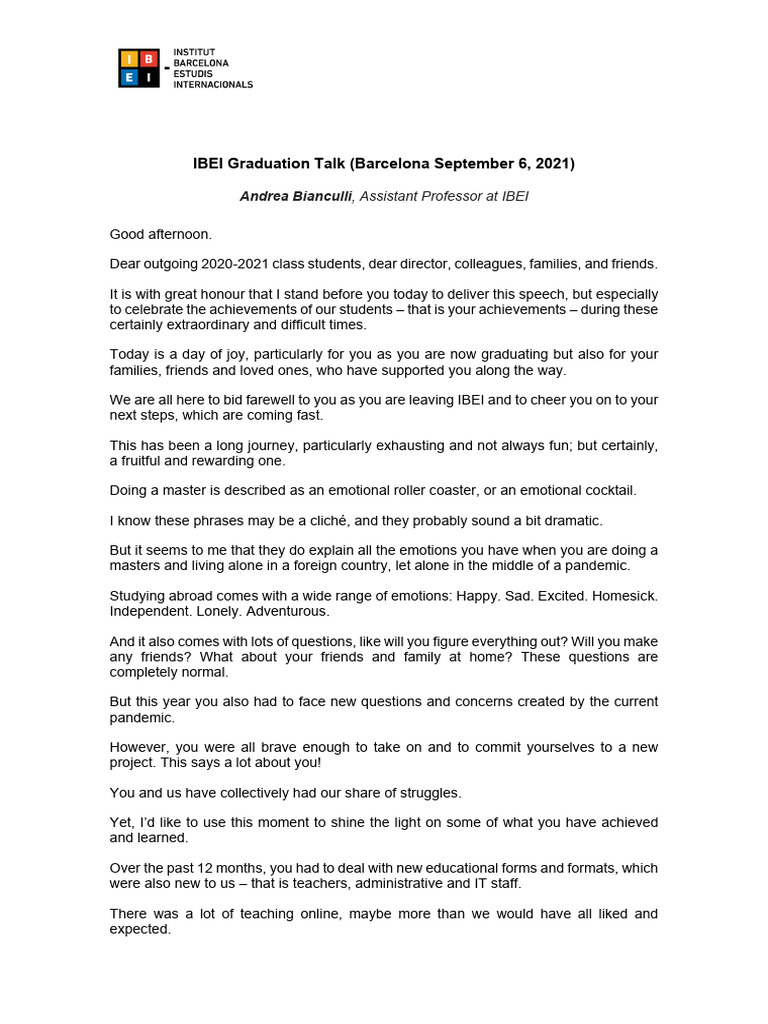 Andrea C Bianculli Ibei Graduation Speech 235578 | PDF Andrea C Bianculli Ibei Graduation Speech 235578 | PDF