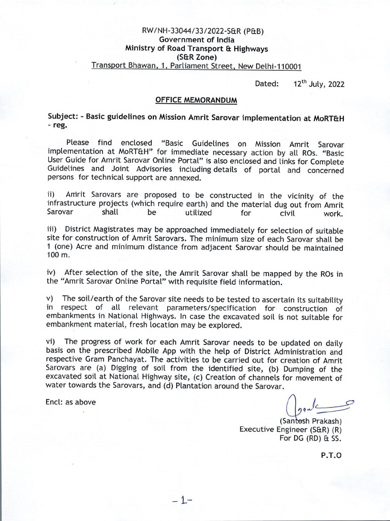 Basic Guidelines On Mission Amrit Sarovar Implementation at MoRT&H - Reg. - 0001 | PDF