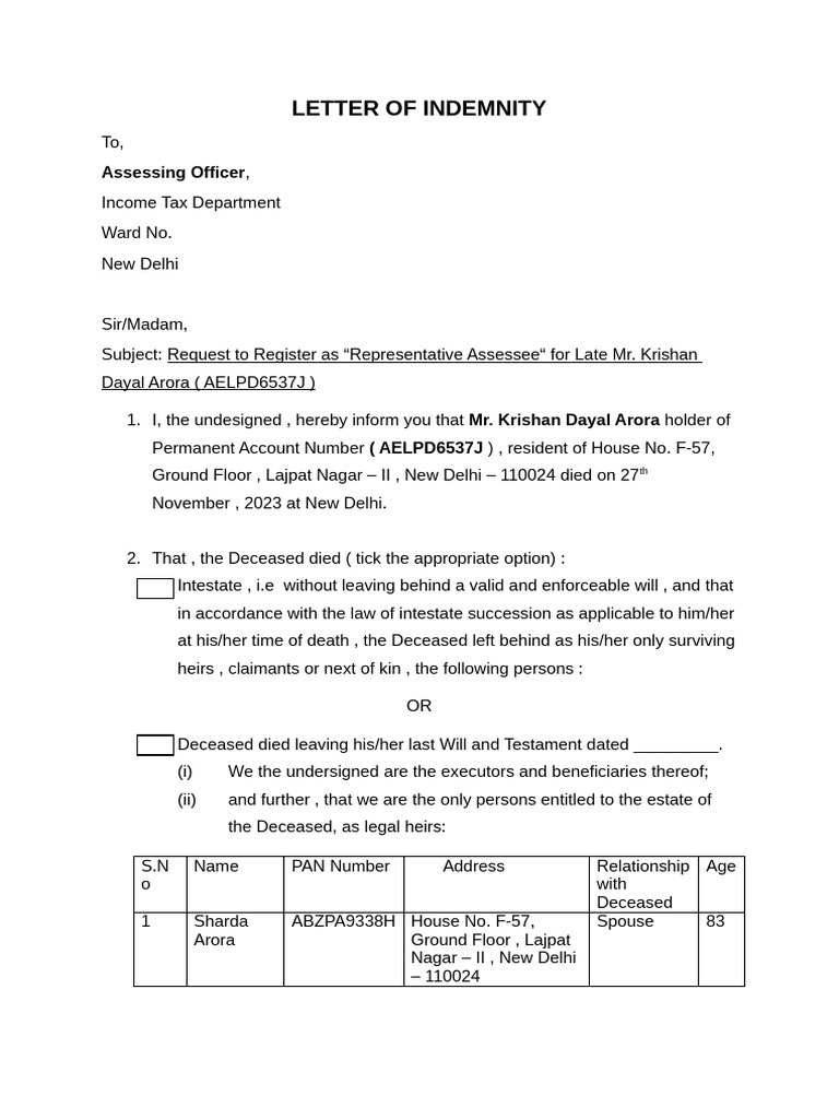 LETTER OF INDEMNITY - Sharda Arora | PDF | Indemnity | Taxes