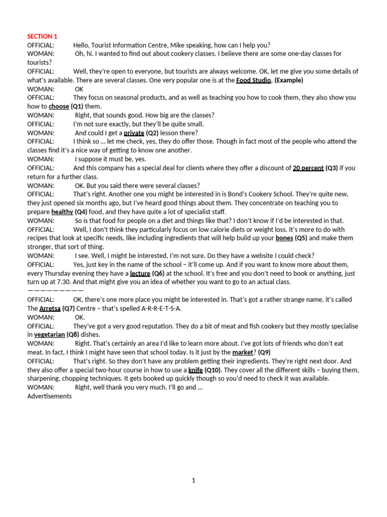 COOKERY CLASSES Listening Transcript | PDF | Traffic | Seed