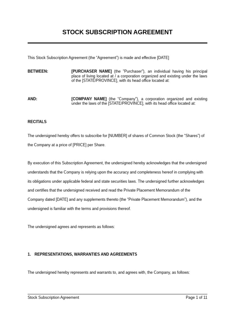 Stock Subscription Agreement | PDF | Copyright | Indemnity