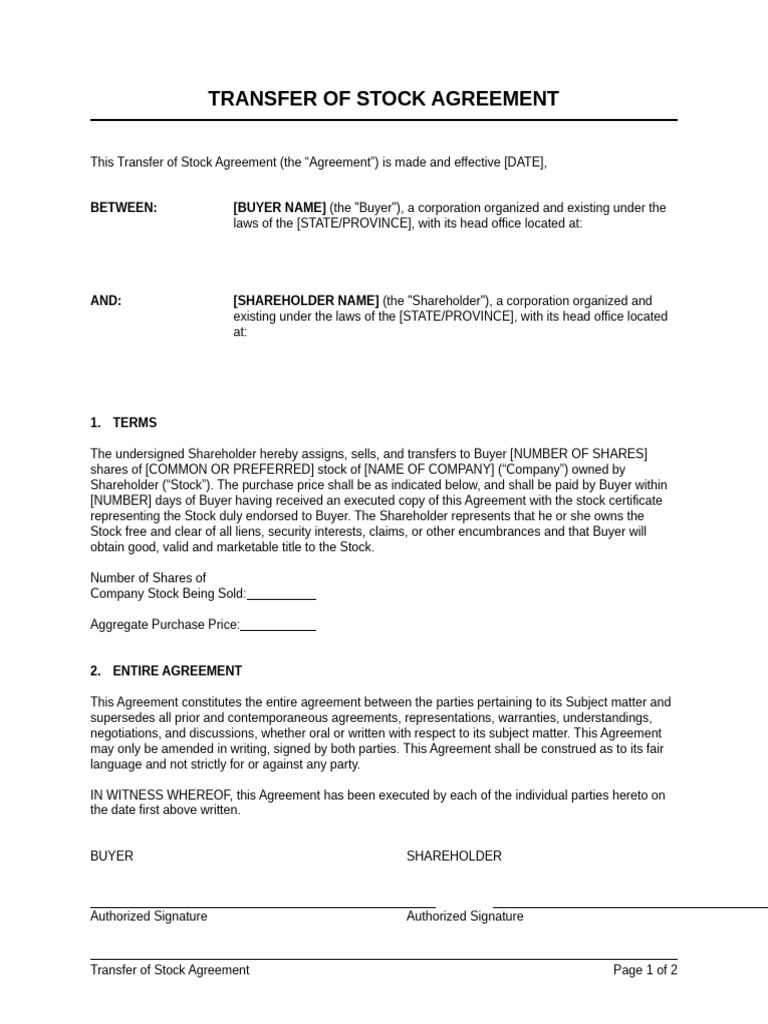 Transfer of Stock Agreement - Short Form | PDF | Stocks | Copyright