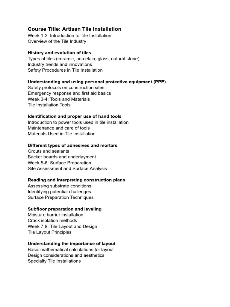 Course Title Artisan Tile Installation | PDF | Tile