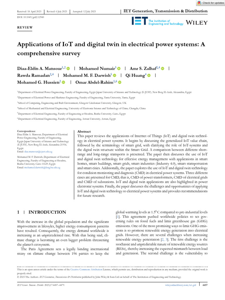 Iet Generation Trans Dist 2023 Mansour Applications Of Iot And Digital Twin In Electrical