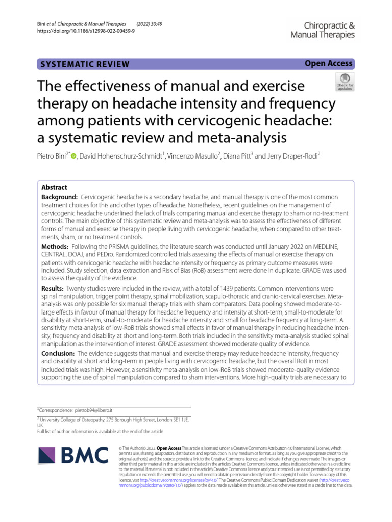 The Effectiveness of Manual and Exercise Therapy On Headache Intensity and Frequency Among ...