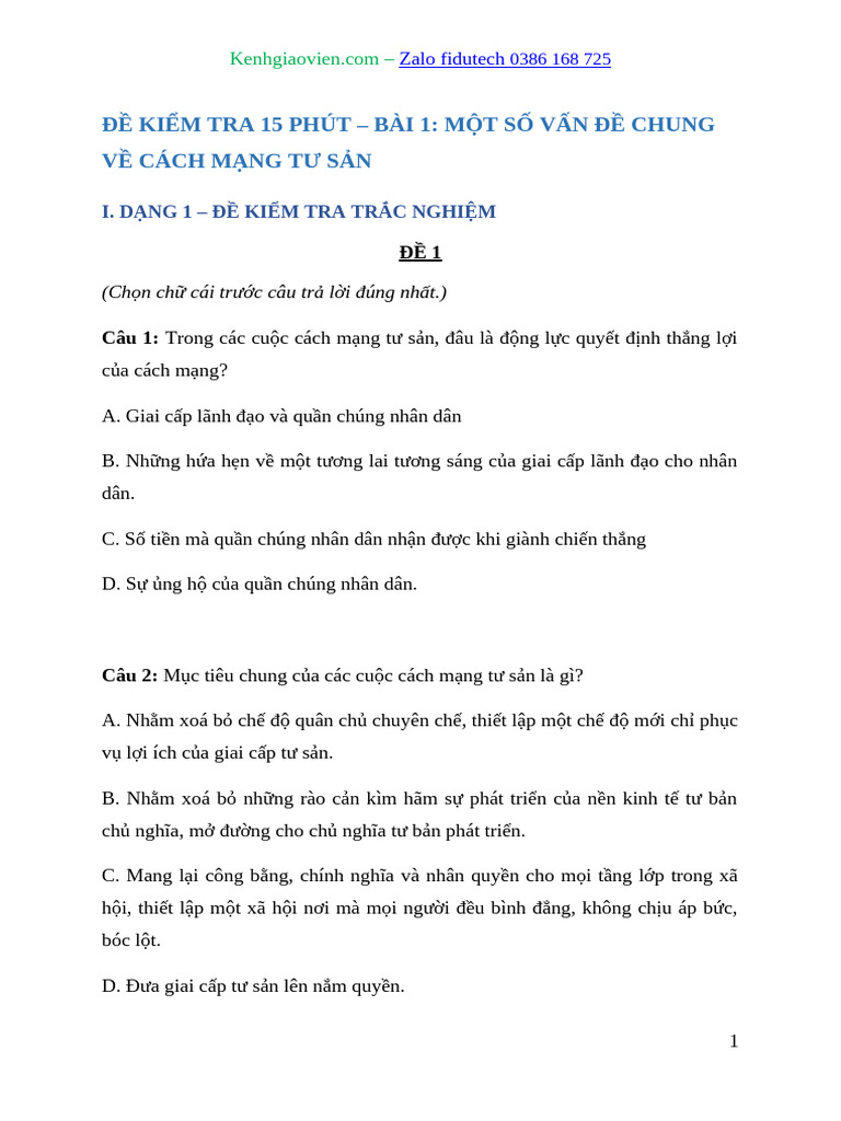De Thi Bai 1. Mot So Van de Chung Ve Cach Mang Tu San 0 | PDF