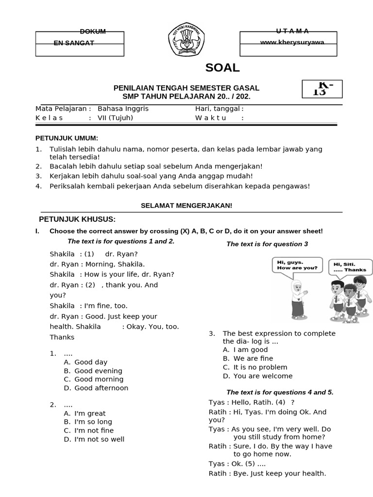 3 - Soal PTS Gasal 7 - Bahasa Inggris (WWW - Kherysuryawan.id) | PDF | Childhood | Social ...