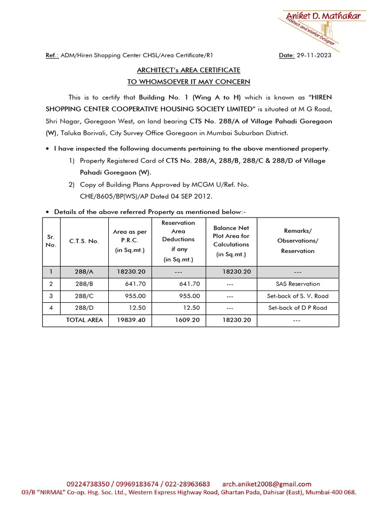 2023-11-29 - R1 - Hiren Shopping Center CHSL - Architect Certificate | PDF