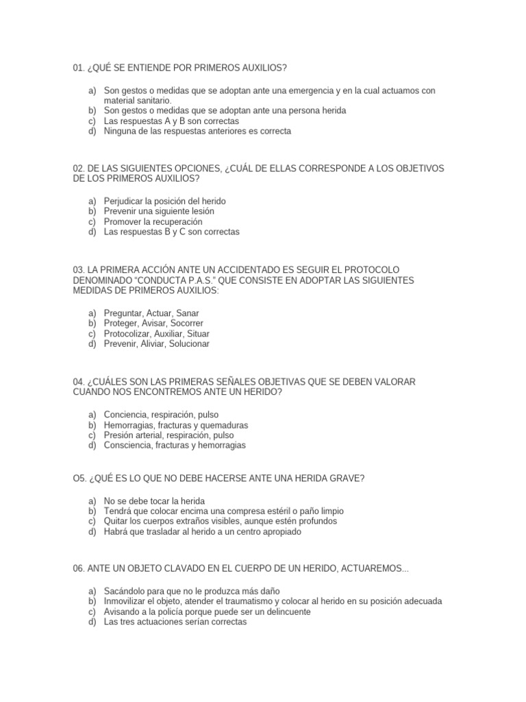 Preguntas Primeros Auxilios | PDF | Primeros auxilios | Herida