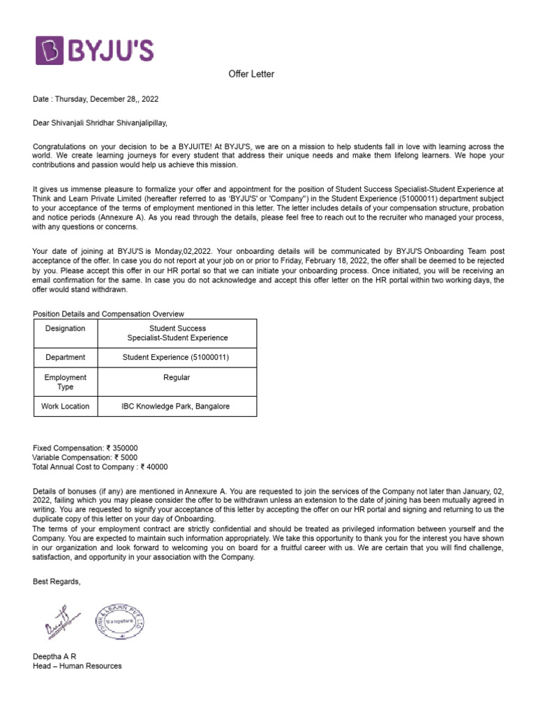 offer revised letter | PDF | Taxes | Salary