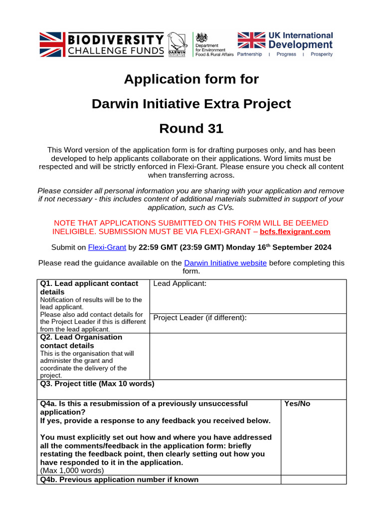 Darwin Initiative Extra Project Application Form | PDF | Biodiversity