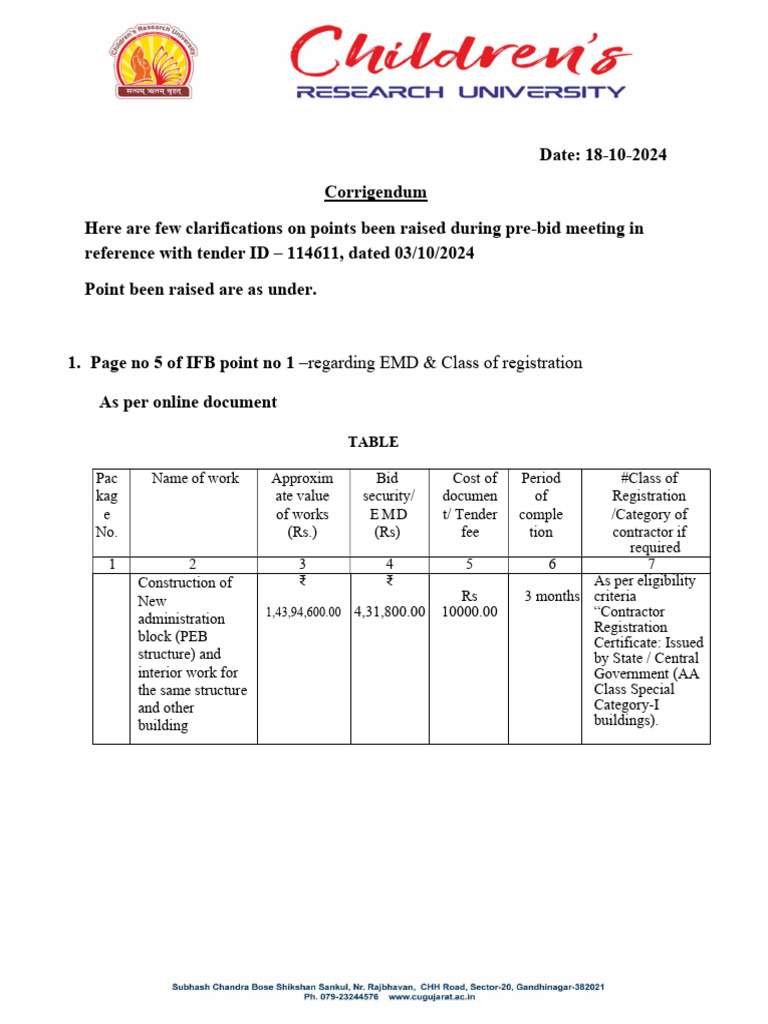 Corrigendum - Tender Id. No. 114611 | PDF