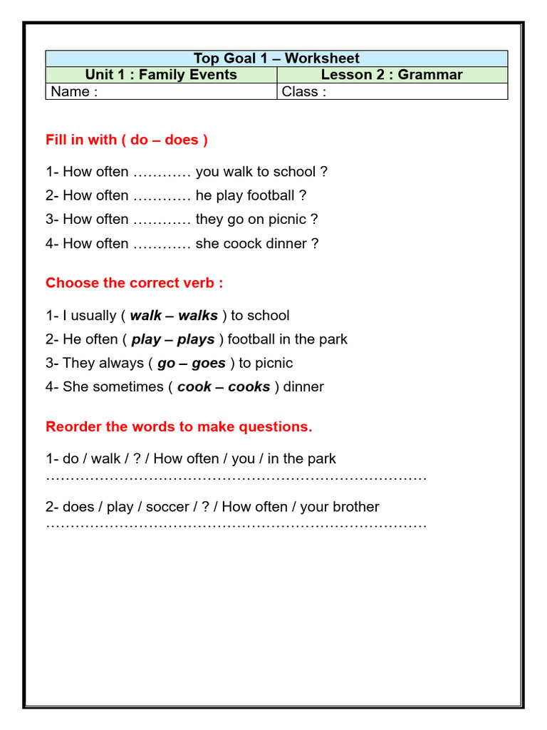 Top Goal 1: Unit 1 Grammar Worksheet | PDF