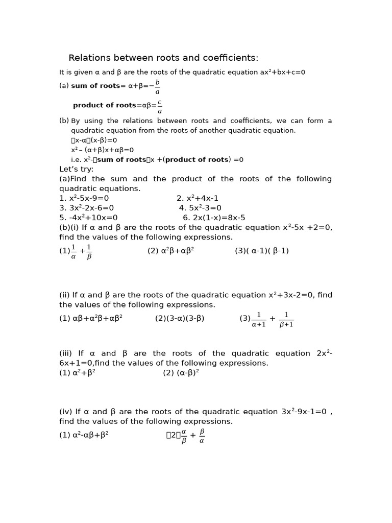 Roots and Coefficients in Quadratics | PDF