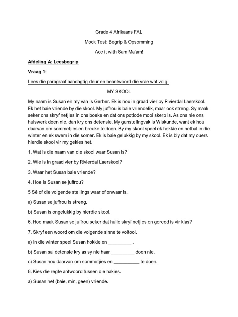 Grade 4 Afrikaans Begrips + Opsomming Test | PDF