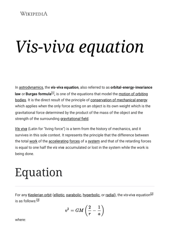 Vis-Viva Equation - Wikipedia | PDF | Motion (Physics) | Mechanics