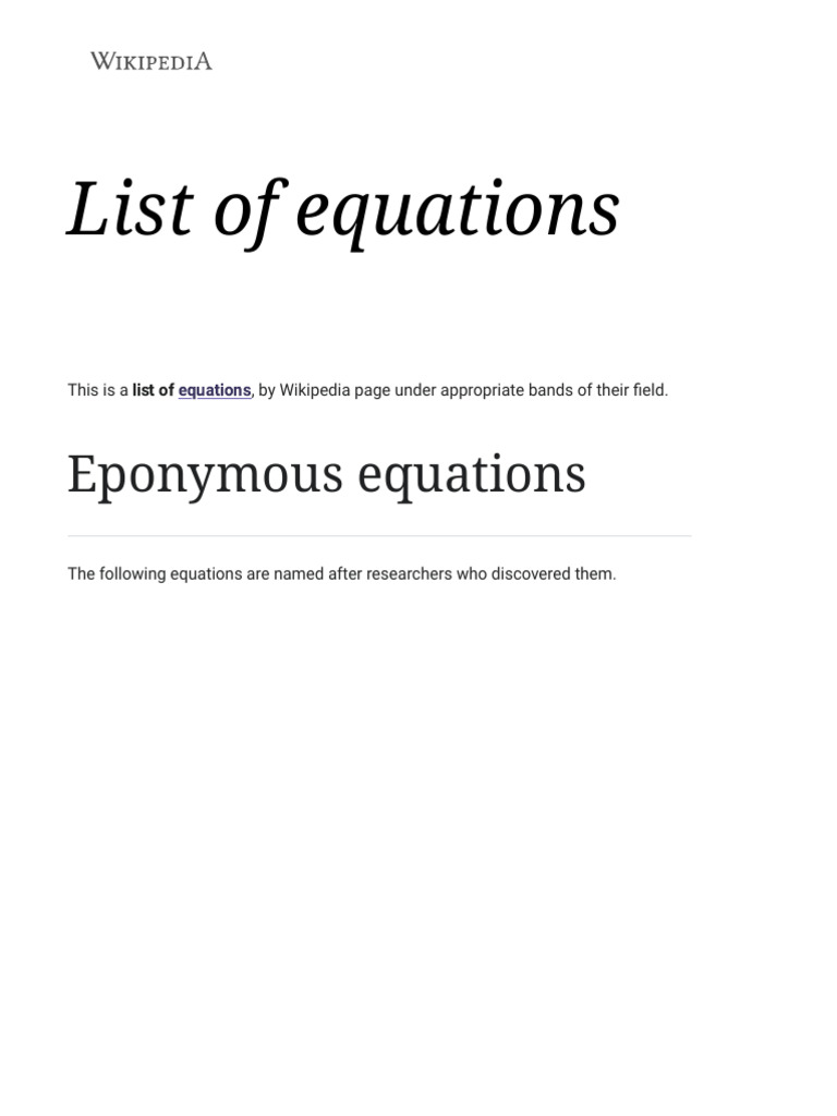 List of Equations - Wikipedia | PDF | Equations | Physics