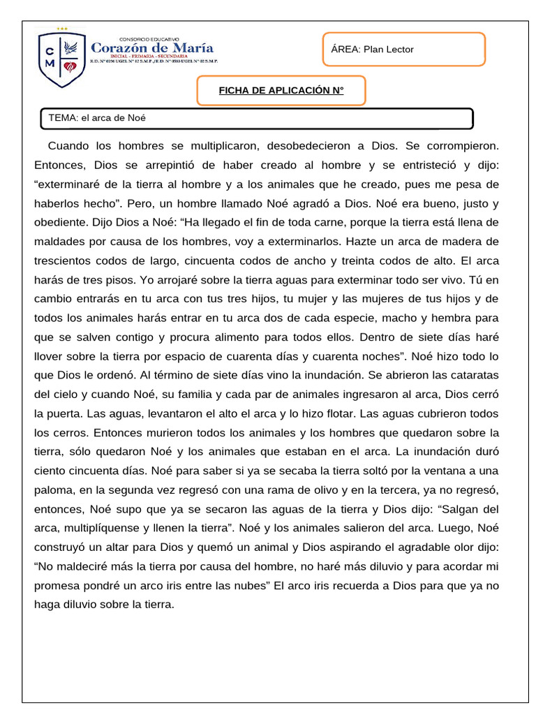 ficha de plan lector 5 vi unidad | PDF | Arca de Noé | Noé