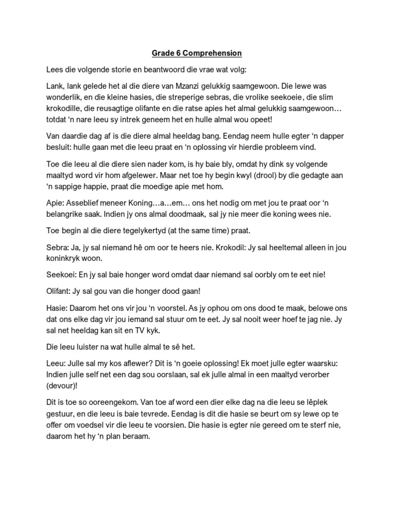 Grade 6 Afrikaans Comprehension Only | PDF