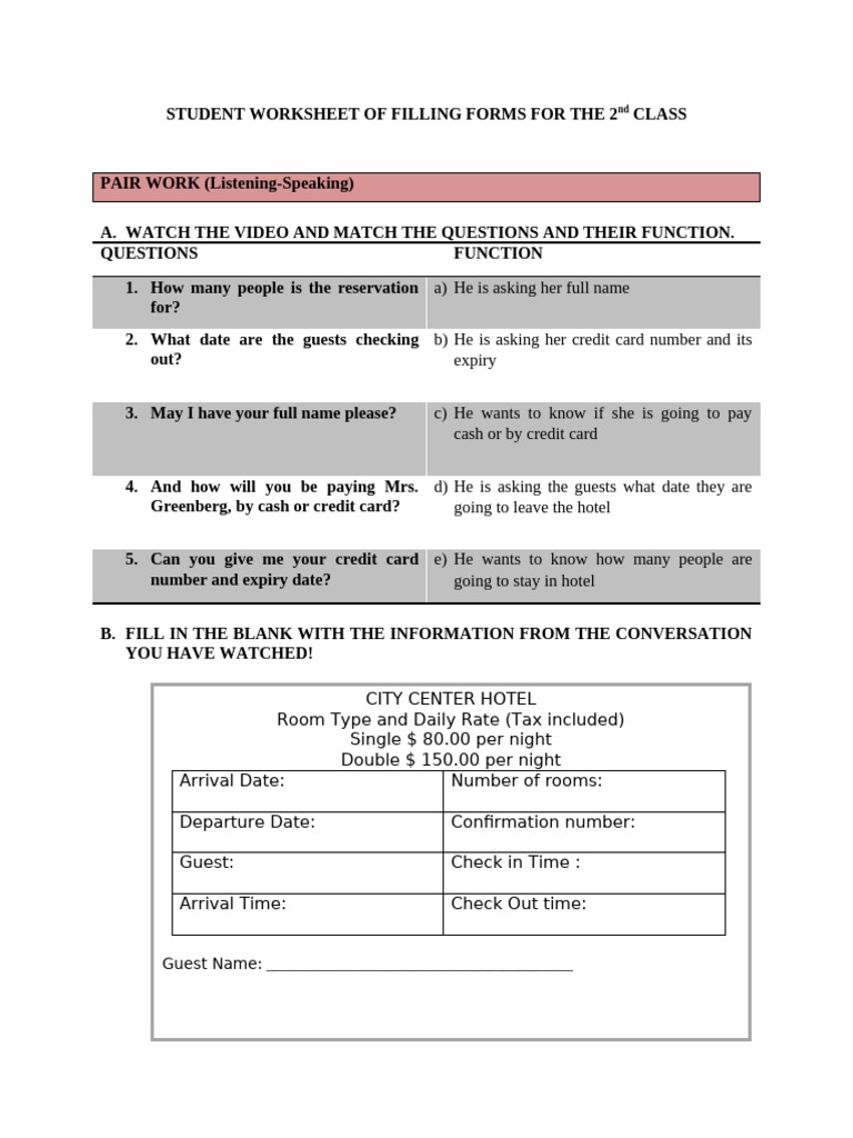 2nd Class Form Filling Worksheet | PDF