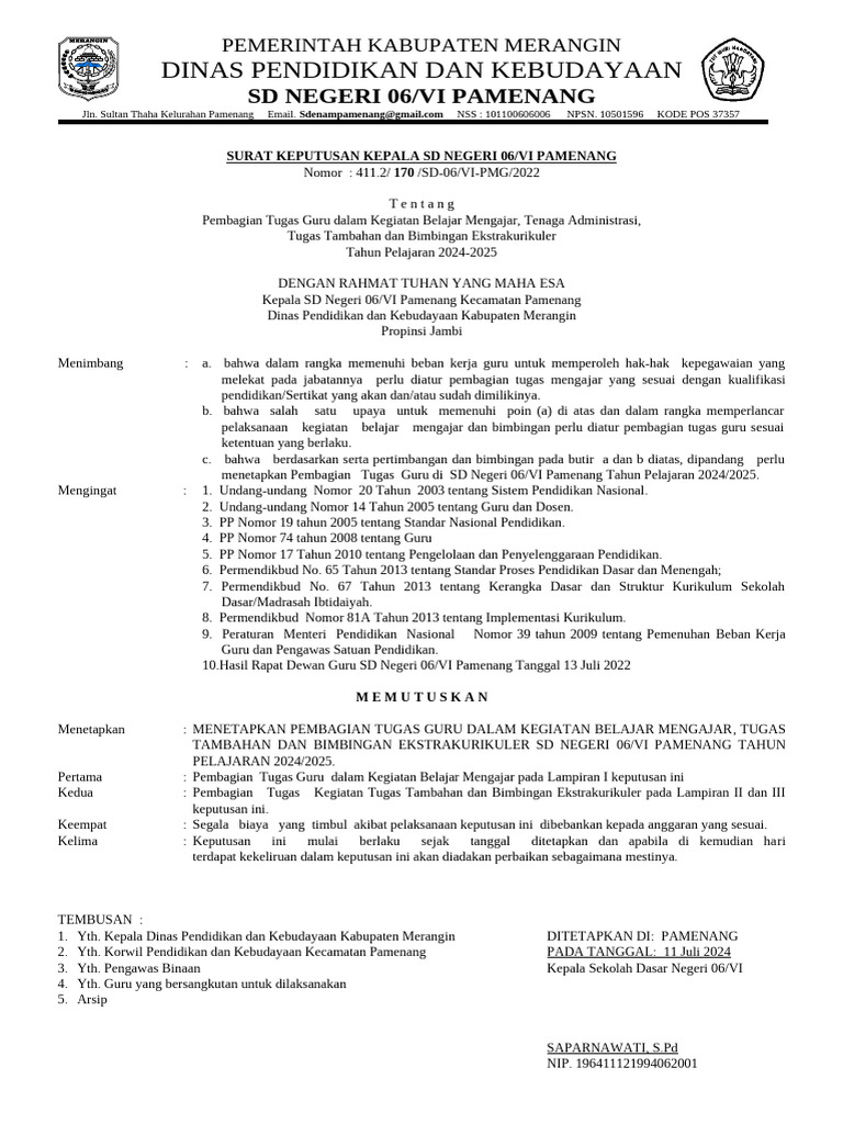 SK Pembagian Tugas 2022-2023 Bos | PDF
