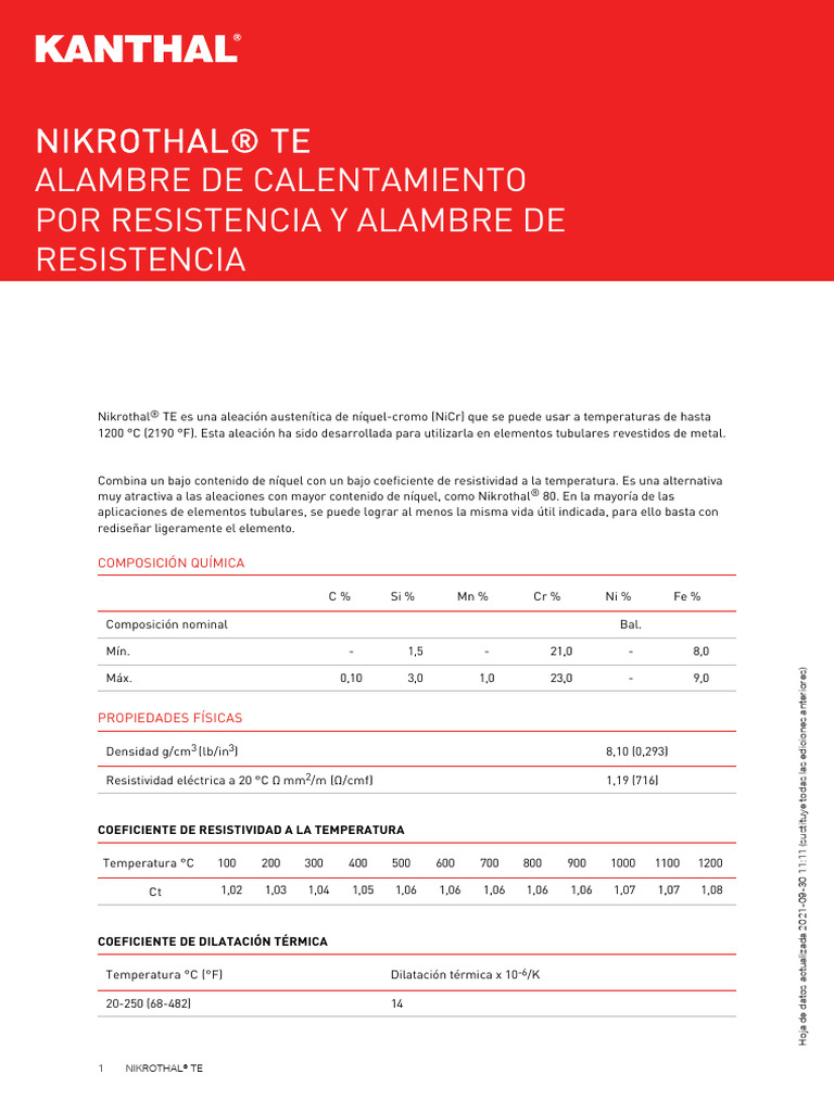Nikrothal Te Es2 | PDF | Resistencia Eléctrica y Conductancia | Materiales