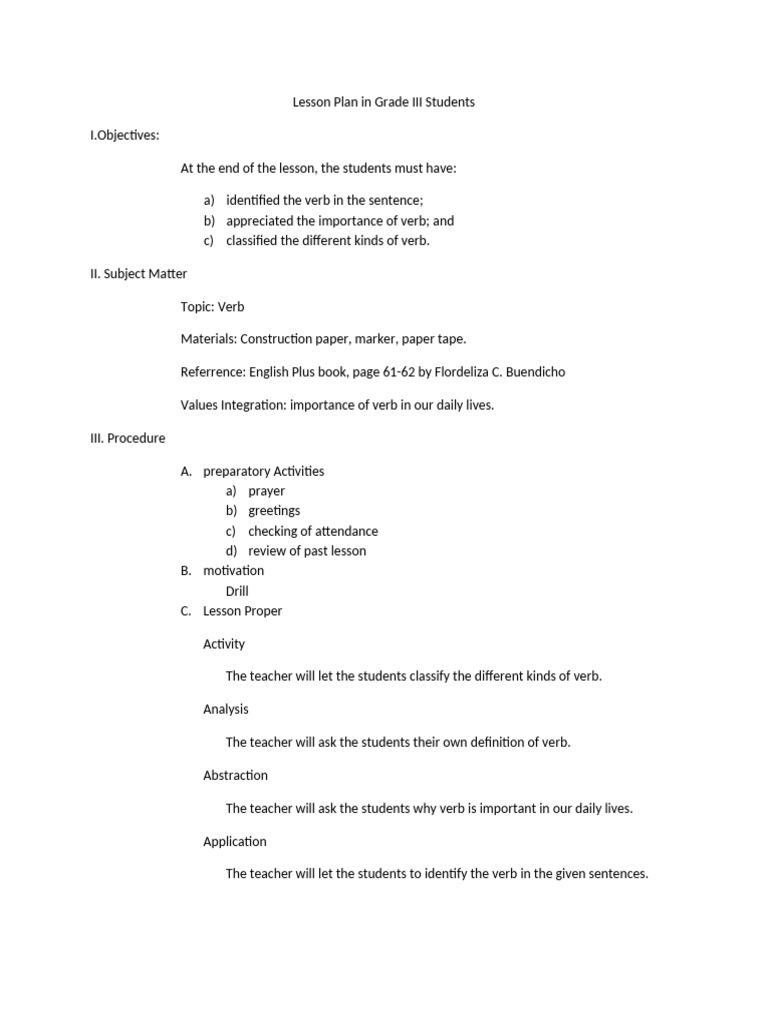 Lesson Plan in English Verb | PDF