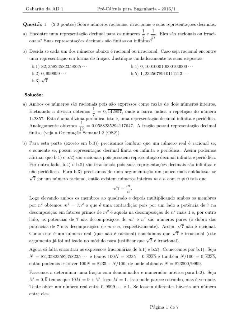 AD1 PreCalculoEng 2016 1 Gabarito Corrigido | PDF | Número racional | Decimal