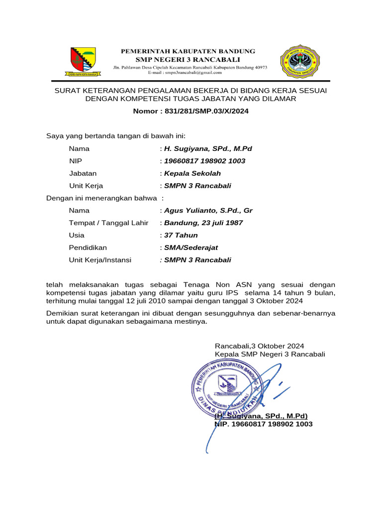 Surat Keterangan Pengalaman Bekerja Di Bidang Kerja Sesuai Dengan ...