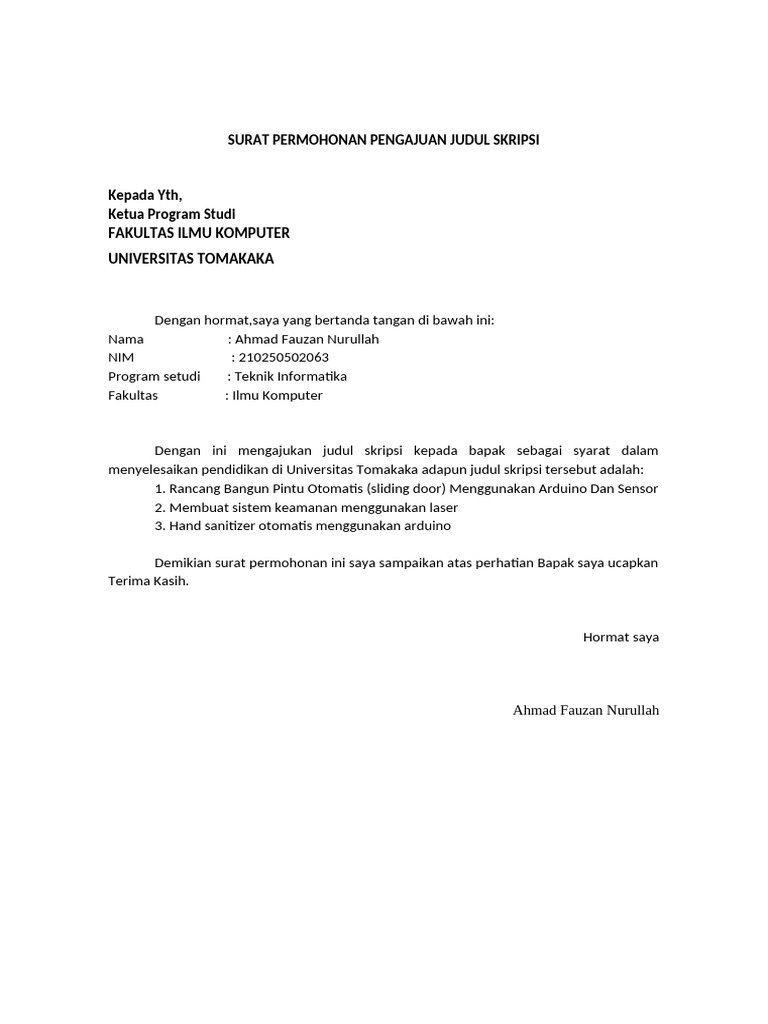 Surat Permohonan Pengajuan Judul Skripsi Ahmad Fausan Nurullah | PDF
