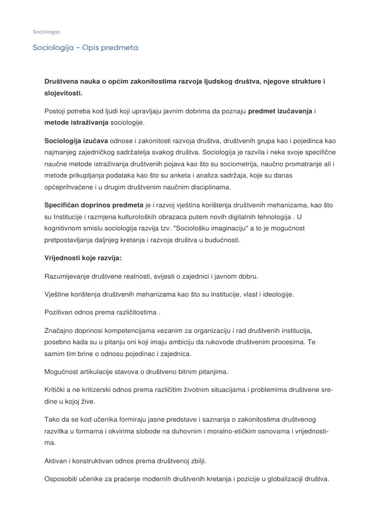 Kurikulum SOCIOLOGIJA | PDF
