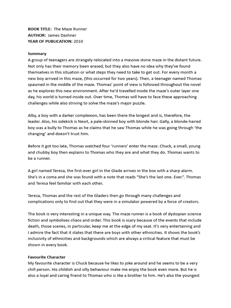Assessment Task 1 - English - The Maze Runner | PDF