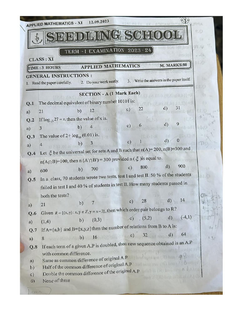 XI APPLIED MATHS MID TERM SEEDLING SCHOOL | PDF